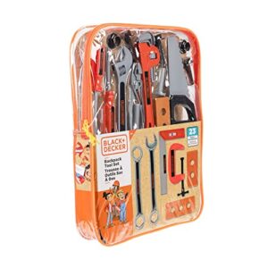 Black + Decker 23-Piece Kids Junior Tool Set Kids Pretend Play Tools Backpack, 23 Tools & Accessories, Hammer, Phillips Screwdriver, Saw, Pliers Adjustable Wrench & More! For Boys & Girls Ages 3+