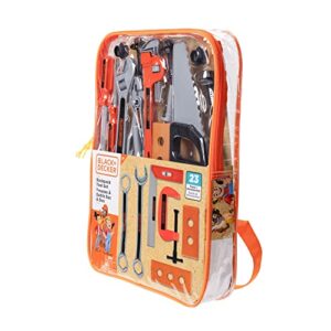 Black + Decker 23-Piece Kids Junior Tool Set Kids Pretend Play Tools Backpack, 23 Tools & Accessories, Hammer, Phillips Screwdriver, Saw, Pliers Adjustable Wrench & More! For Boys & Girls Ages 3+