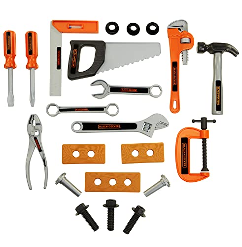 Black + Decker 23-Piece Kids Junior Tool Set Kids Pretend Play Tools Backpack, 23 Tools & Accessories, Hammer, Phillips Screwdriver, Saw, Pliers Adjustable Wrench & More! For Boys & Girls Ages 3+