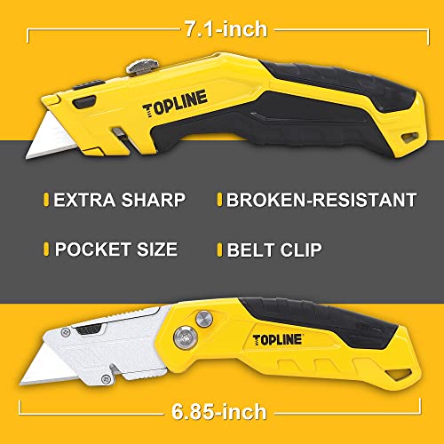 TOPLINE 2-Pack Utility Knife, Retractable Box Cutter and Folding Pocket Knife, Blade Storage Design, 18-Piece SK5 Blades and a Dispenser Included (Yellow)