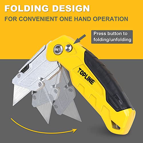 TOPLINE 2-Pack Utility Knife, Retractable Box Cutter and Folding Pocket Knife, Blade Storage Design, 18-Piece SK5 Blades and a Dispenser Included (Yellow)