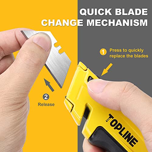 TOPLINE 2-Pack Utility Knife, Retractable Box Cutter and Folding Pocket Knife, Blade Storage Design, 18-Piece SK5 Blades and a Dispenser Included (Yellow)