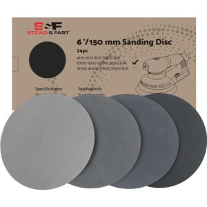 s&f stead & fast 6 inch sanding discs hook and loop 24 pcs, 1000 1500 2000 3000 grit wet dry sandpaper assortment automotive metal wood, silicon carbide fine round sand paper for da/orbital sander