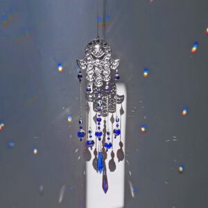 Crystal Prism Suncatcher Ornament with Hamsa Fatima Hand Protection Charm Turkish Greek Blue Evil Eye Sapphire Crystals Beads for Window Hanging Decoration