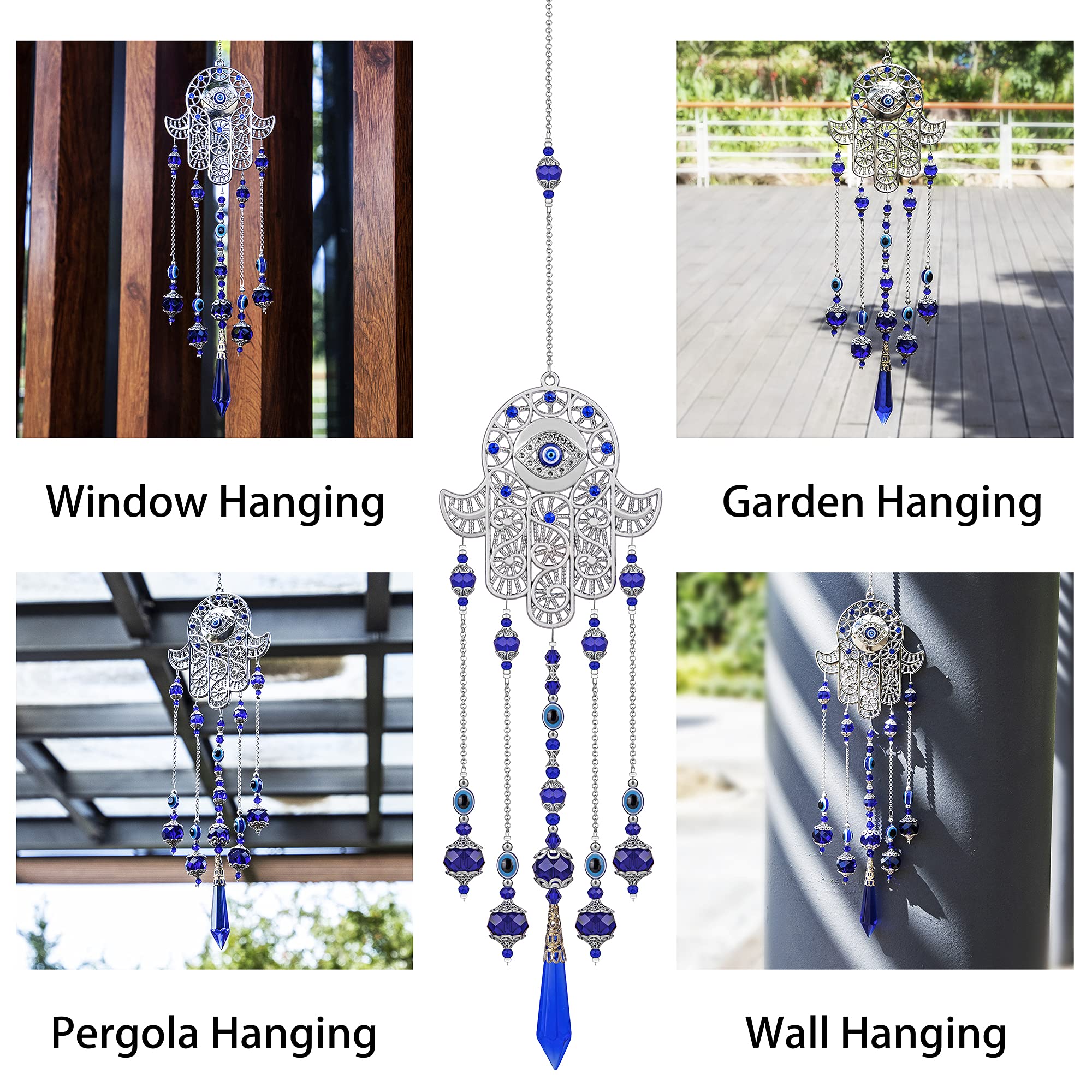 Crystal Prism Suncatcher Ornament with Hamsa Fatima Hand Protection Charm Turkish Greek Blue Evil Eye Sapphire Crystals Beads for Window Hanging Decoration