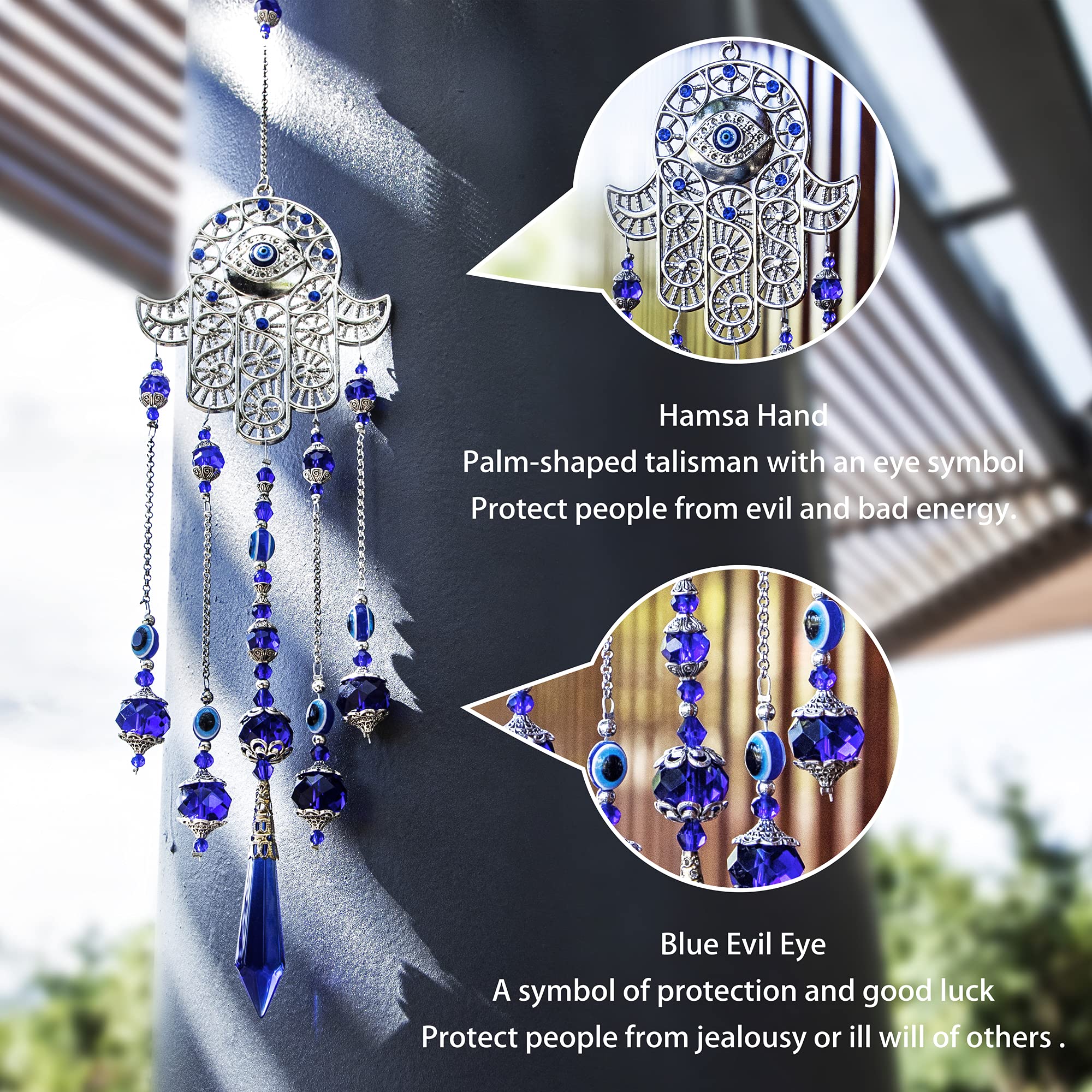 Crystal Prism Suncatcher Ornament with Hamsa Fatima Hand Protection Charm Turkish Greek Blue Evil Eye Sapphire Crystals Beads for Window Hanging Decoration