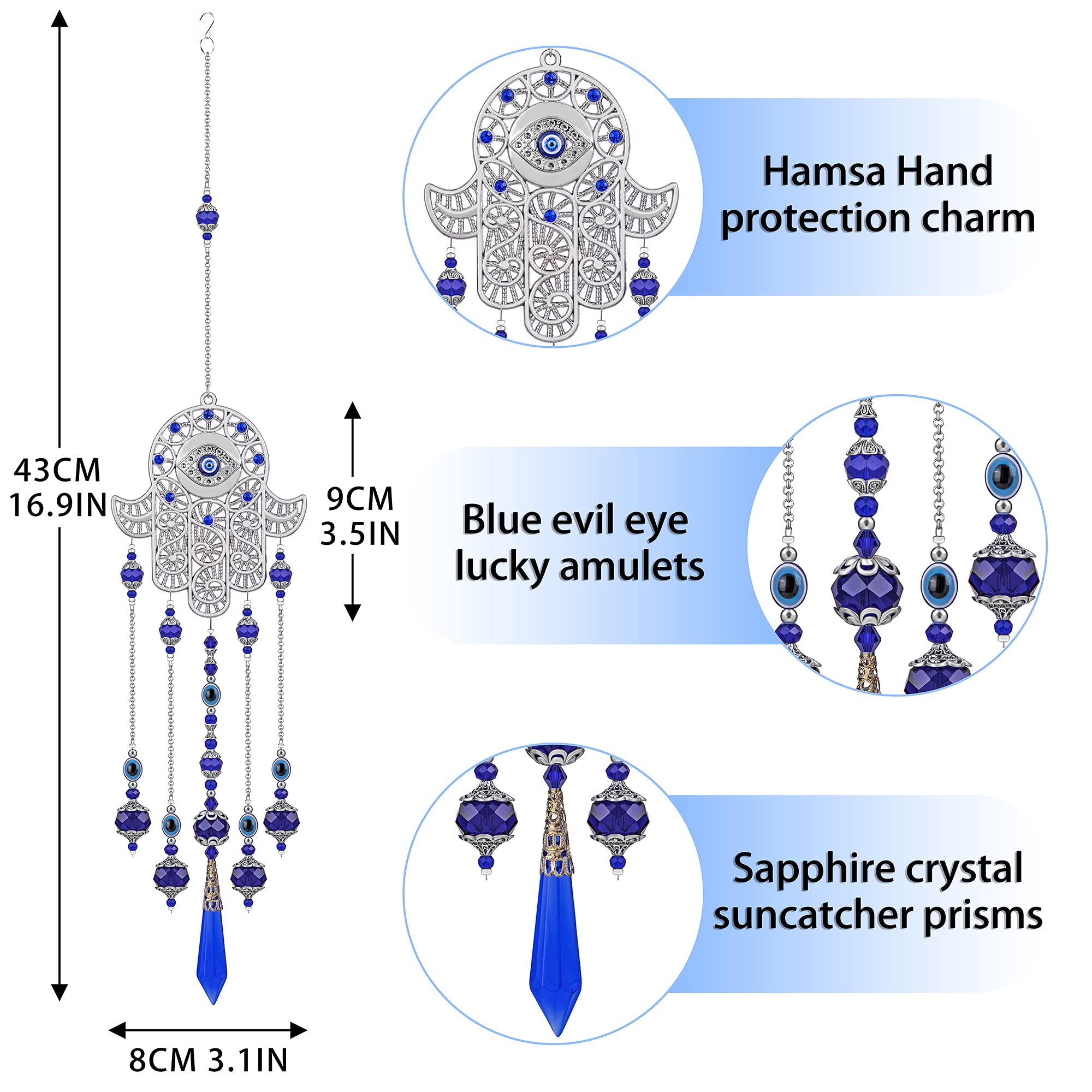 Crystal Prism Suncatcher Ornament with Hamsa Fatima Hand Protection Charm Turkish Greek Blue Evil Eye Sapphire Crystals Beads for Window Hanging Decoration