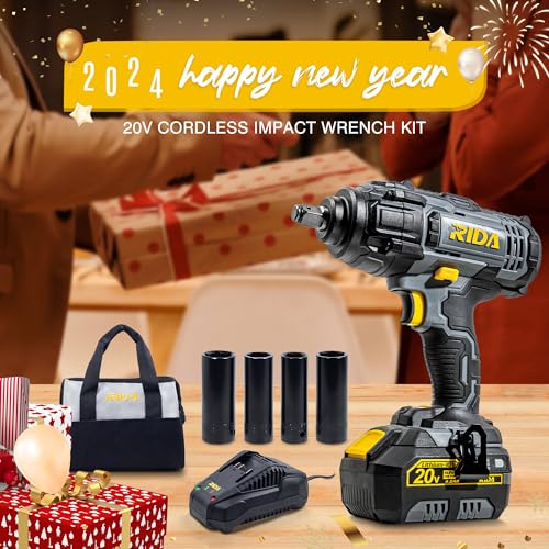 RIDA Cordless Impact Wrench, 1/2 Impact Gun w/ 5 Torque Options Max 300 Ft-lbs (400N.m), Power w/ 4.0Ah Li-ion Battery & 1 Hour Fast Charger, 4 Pcs Impact Sockets and Tool Bag