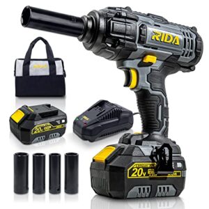 rida cordless impact wrench, 1/2 impact gun w/ 5 torque options max 300 ft-lbs (400n.m), power w/ 4.0ah li-ion battery & 1 hour fast charger, 4 pcs impact sockets and tool bag