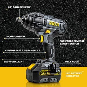 RIDA Cordless Impact Wrench, 1/2 Impact Gun w/ 5 Torque Options Max 300 Ft-lbs (400N.m), Power w/ 4.0Ah Li-ion Battery & 1 Hour Fast Charger, 4 Pcs Impact Sockets and Tool Bag