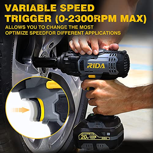 RIDA Cordless Impact Wrench, 1/2 Impact Gun w/ 5 Torque Options Max 300 Ft-lbs (400N.m), Power w/ 4.0Ah Li-ion Battery & 1 Hour Fast Charger, 4 Pcs Impact Sockets and Tool Bag