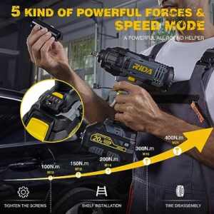 RIDA Cordless Impact Wrench, 1/2 Impact Gun w/ 5 Torque Options Max 300 Ft-lbs (400N.m), Power w/ 4.0Ah Li-ion Battery & 1 Hour Fast Charger, 4 Pcs Impact Sockets and Tool Bag