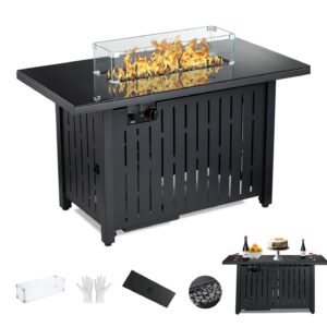 43 inch Propane Gas Fire Pit Table with Glass Wind Guard,2 in 1 Propane Fire Pit Outdoor Rectangle Gas Fire Pit, Tempered Glass Tabletop,60000BTU Fire Table for Outside Patio/Lawn,CSA Certificated