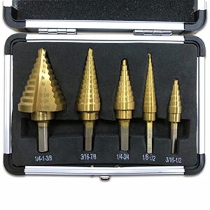 reeson step drill bits 5pcs 50 sizes unibit high speed steel titanium coated double cutting blades for sheet metal hole drilling cutting with automatic center punch