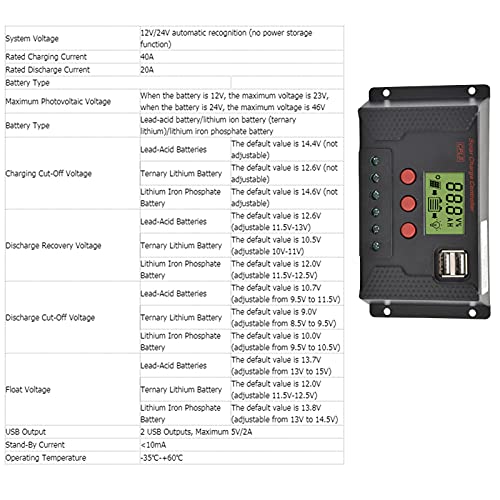 Walfront 40A PWM Solar Charge Controller LCD Auto Solar Power Panel Regulator MPPT Dual USB Port for Photovoltaic Module System 12V/24V, Controller