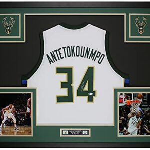 Giannis Antetokounmpo Autographed White Milwaukee Bucks Jersey - Beautifully Matted and Framed - Hand Signed By Giannis and Certified Authentic by Beckett - Includes Certificate of Authenticity