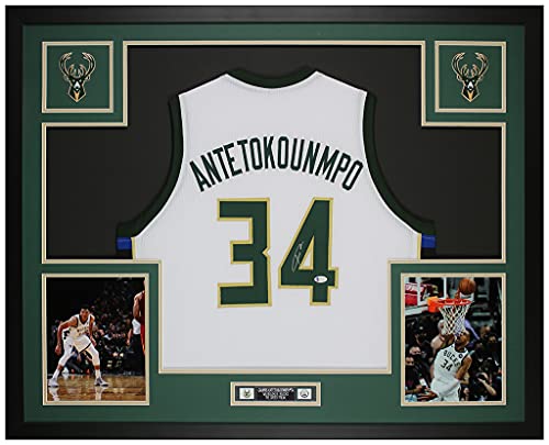 Giannis Antetokounmpo Autographed White Milwaukee Bucks Jersey - Beautifully Matted and Framed - Hand Signed By Giannis and Certified Authentic by Beckett - Includes Certificate of Authenticity