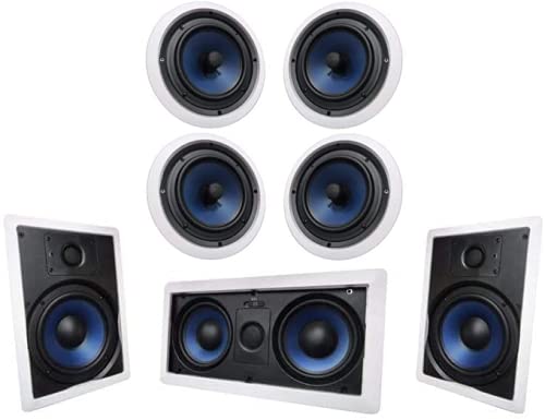 Silver Ticket Products 1 x Center, 1 x Left & 1 x Right in-Walls and 4 x in-Ceiling Surround Sound 7.1 Speaker Home Theater Bundle Package