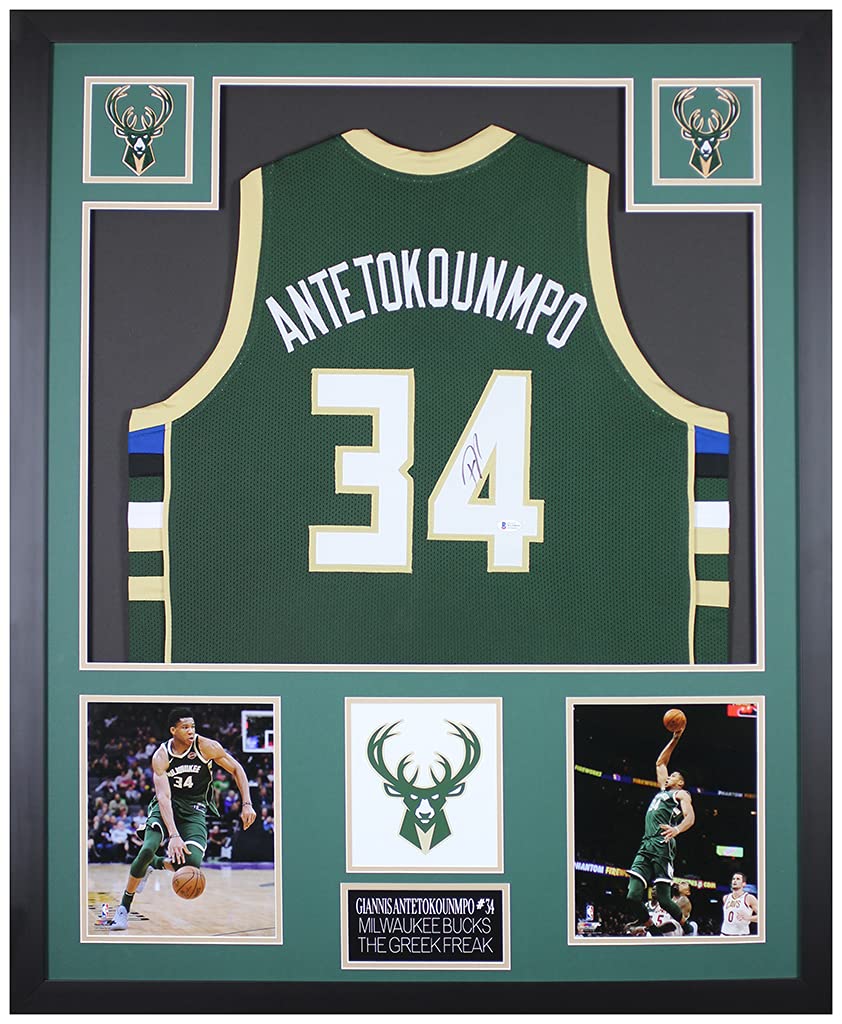 Giannis Antetokounmpo Autographed Green Milwaukee Bucks Jersey - Beautifully Matted and Framed - Hand Signed By Giannis and Certified Authentic by Beckett - Includes Certificate of Authenticity