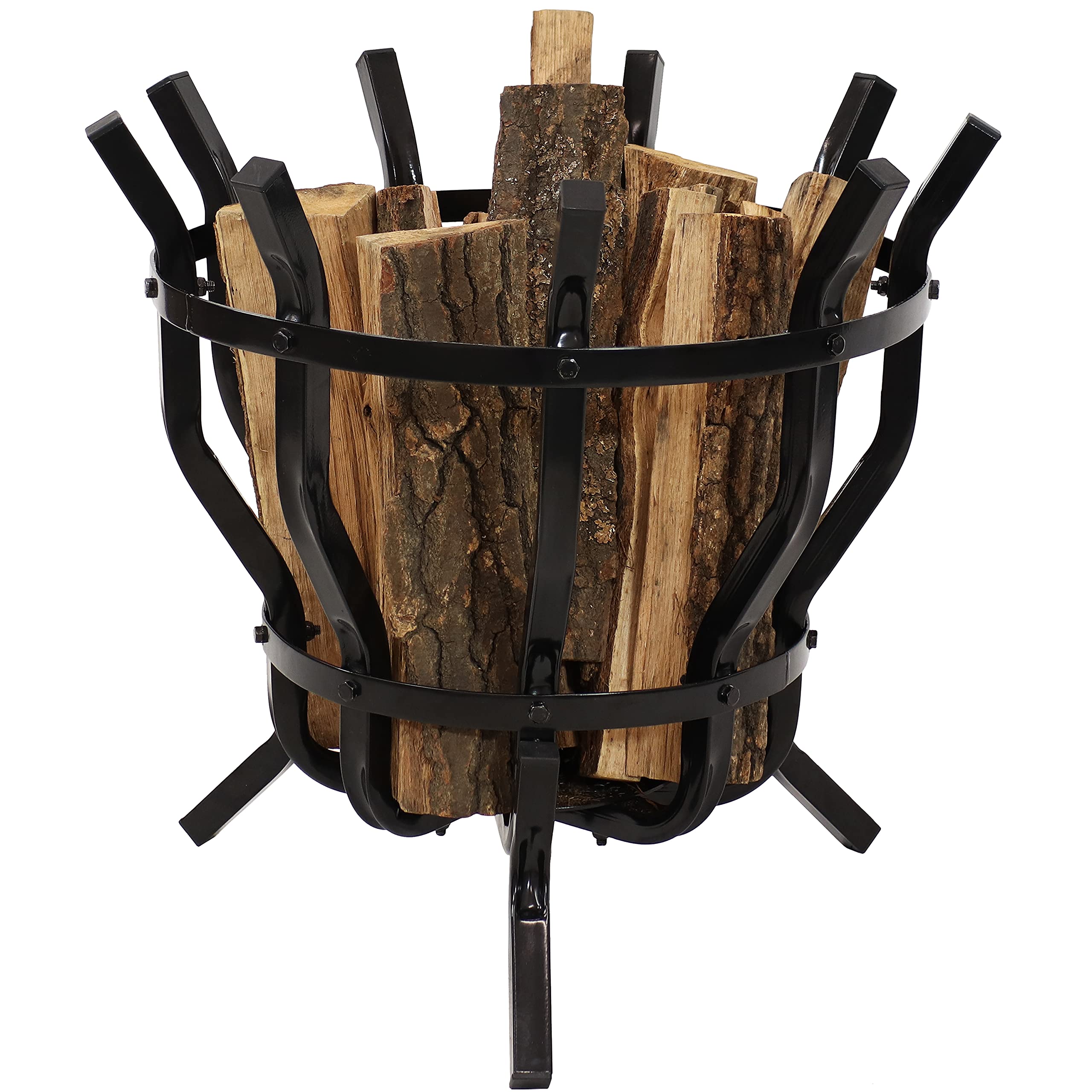 Sunnydaze Indoor/Outdoor Modern Fluted Log Holder - Fireside Firewood Storage Basket - Elevated Black Steel - 23-Inch