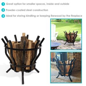 Sunnydaze Indoor/Outdoor Modern Fluted Log Holder - Fireside Firewood Storage Basket - Elevated Black Steel - 23-Inch