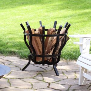 Sunnydaze Indoor/Outdoor Modern Fluted Log Holder - Fireside Firewood Storage Basket - Elevated Black Steel - 23-Inch