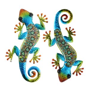 hongland 2pcs metal gecko wall decor lizard garden art color hanging glass sculpture for indoor outdoor patio fence (symphony)