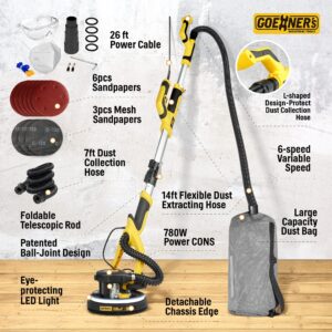 Drywall Sander, Electric Drywall Sander with Vacuum, Automatic Dust Removal, 7 Variable Speed, 900-1800RPM, 26’ Power Cord, Labor-Saving Handle and Patented Fixture for Ceiling Sanding, LED Light