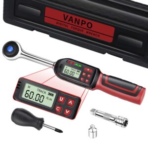 vanpo 3/8-inch drive digital torque wrench, electronic torque wrench (2.2-44.3 ft-lbs./3-60nm), torque wrench set with accurate to ±2%, buzzer & led indicator, 1/4 adapter, extension bar for bike moto