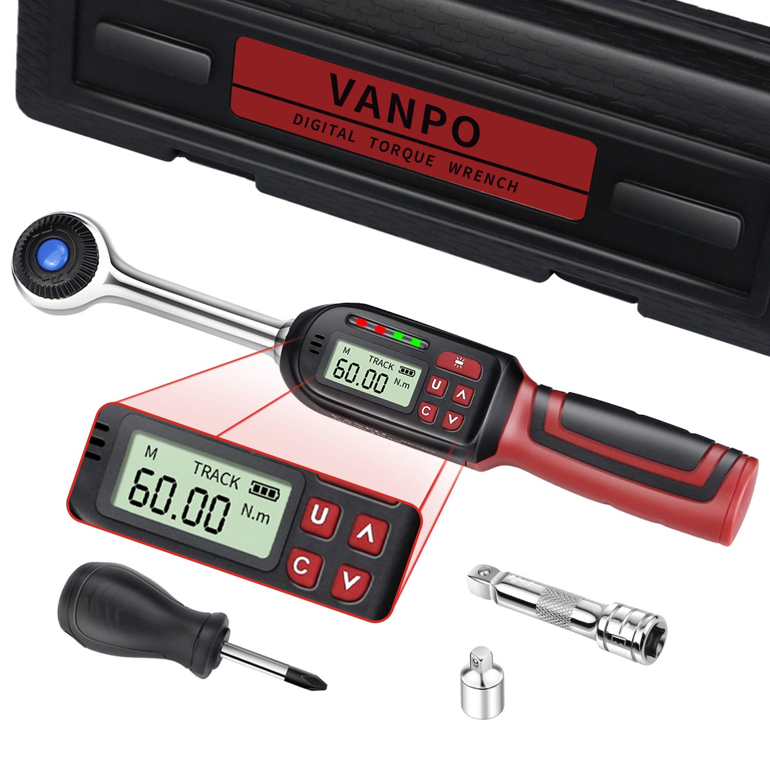 VANPO 3/8-Inch Drive Digital Torque Wrench, Electronic Torque Wrench (2.2-44.3 ft-lbs./3-60Nm), Torque Wrench Set with Accurate to ±2%, Buzzer & LED Indicator, 1/4 Adapter, Extension Bar for Bike Moto