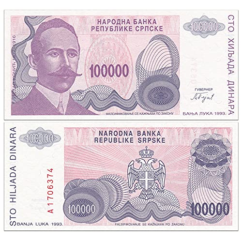 Banknotes Collection-Bosnia 1000 (100,000) Dinar banknotes Foreign Commemorative Coins 1993 P-154 Currency, Not in Circulation or has exited The Market