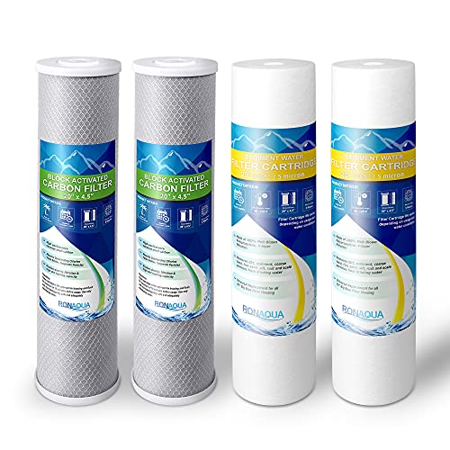 2 High Capacity Coconut Shell Carbon Block & 2 Big Polypropylene Sediment 5 Micron 4.5" x 20" Water Filter Cartridges for Universal Whole House System COMPATIBLE WITH: FC25BX4, 155358-43, DGD-5005-20