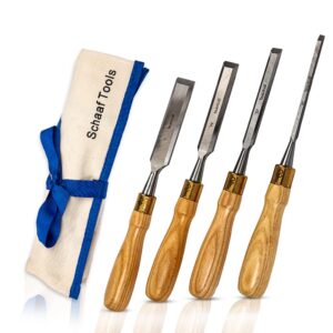 schaaf tools 4-piece wood chisel set | finely crafted wood chisels for woodworking | durable cr-v steel bevel edged blade, tempered to 60hrc | tool roll included