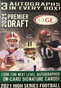 2021 sage hit premier draft high series football blaster box (63 cards/bx incl. three autograph cards)