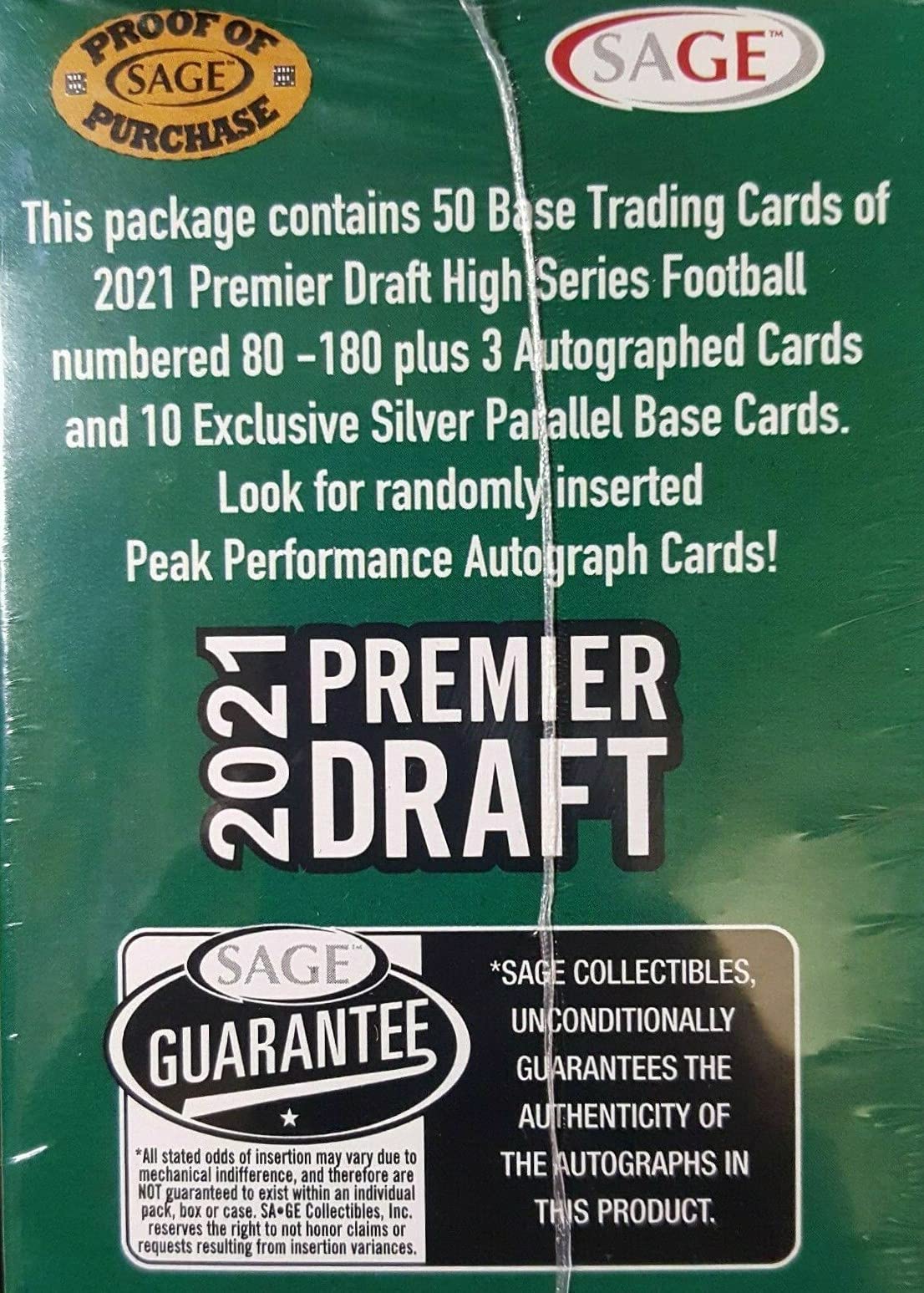 2021 SAGE Hit Premier Draft High Series Football BLASTER box (63 cards/bx incl. THREE Autograph cards)