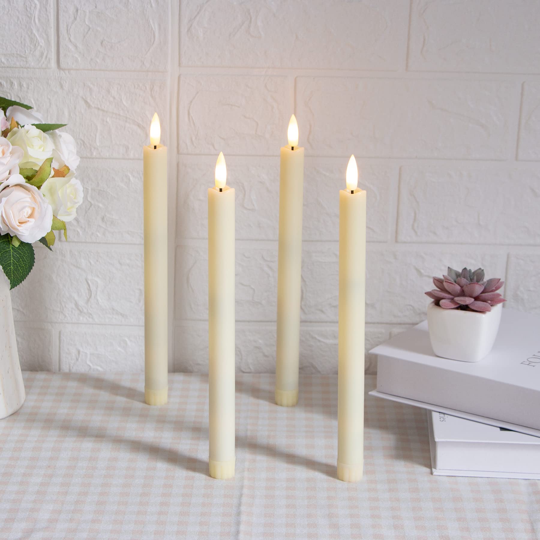 Vtobay Flameless Taper Candles with Remote Timer,Set of 2 Ivory Flickering LED Candlesticks,Battery Operated Window Plastic Warm Fire Candles for Indoor Outdoor Decor,(No Scent, 0.78” x 10.24”)