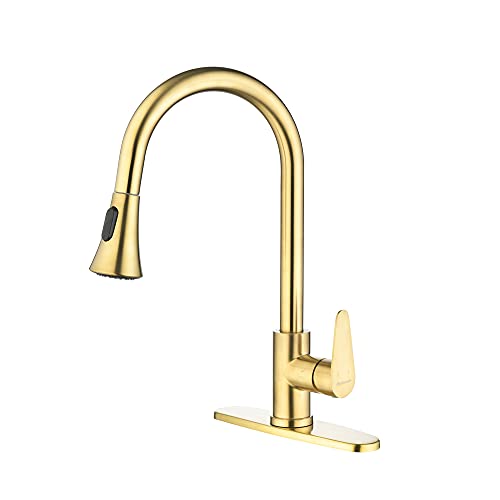 Rainovo Kitchen Faucet with Pull Down Sprayer Brushed Gold, 3 Hole Kitchen Sink Faucet Stainless Steel Single Handle, High Arc Faucets with Deck Plate Commercial Modern with Pull Out Sprayer