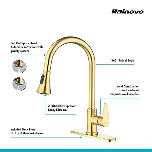 Rainovo Kitchen Faucet with Pull Down Sprayer Brushed Gold, 3 Hole Kitchen Sink Faucet Stainless Steel Single Handle, High Arc Faucets with Deck Plate Commercial Modern with Pull Out Sprayer