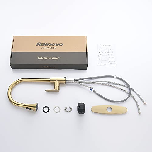 Rainovo Kitchen Faucet with Pull Down Sprayer Brushed Gold, 3 Hole Kitchen Sink Faucet Stainless Steel Single Handle, High Arc Faucets with Deck Plate Commercial Modern with Pull Out Sprayer