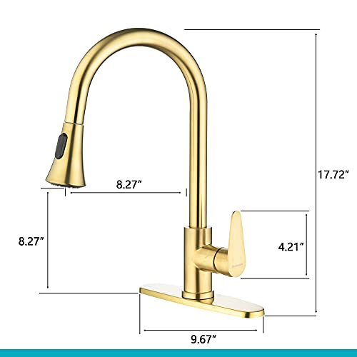 Rainovo Kitchen Faucet with Pull Down Sprayer Brushed Gold, 3 Hole Kitchen Sink Faucet Stainless Steel Single Handle, High Arc Faucets with Deck Plate Commercial Modern with Pull Out Sprayer