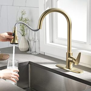 Rainovo Kitchen Faucet with Pull Down Sprayer Brushed Gold, 3 Hole Kitchen Sink Faucet Stainless Steel Single Handle, High Arc Faucets with Deck Plate Commercial Modern with Pull Out Sprayer