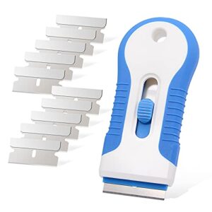 ehdis ceramic scraper car sticker remover glass stove top razor scraper label,glue,paint,adhesive remover tool + 10pcs stainless steel razor blades (blue)