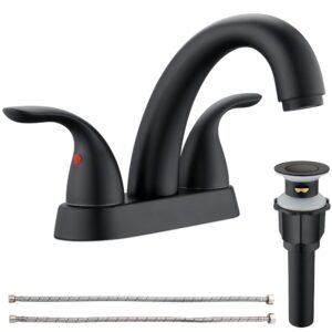 2 handle bathroom sink faucet, with pop up drain & supply lines, 4 inch centerset faucet for lavatory bathroom sink, professional modern vessel deck mount vanity rv faucet, matte black