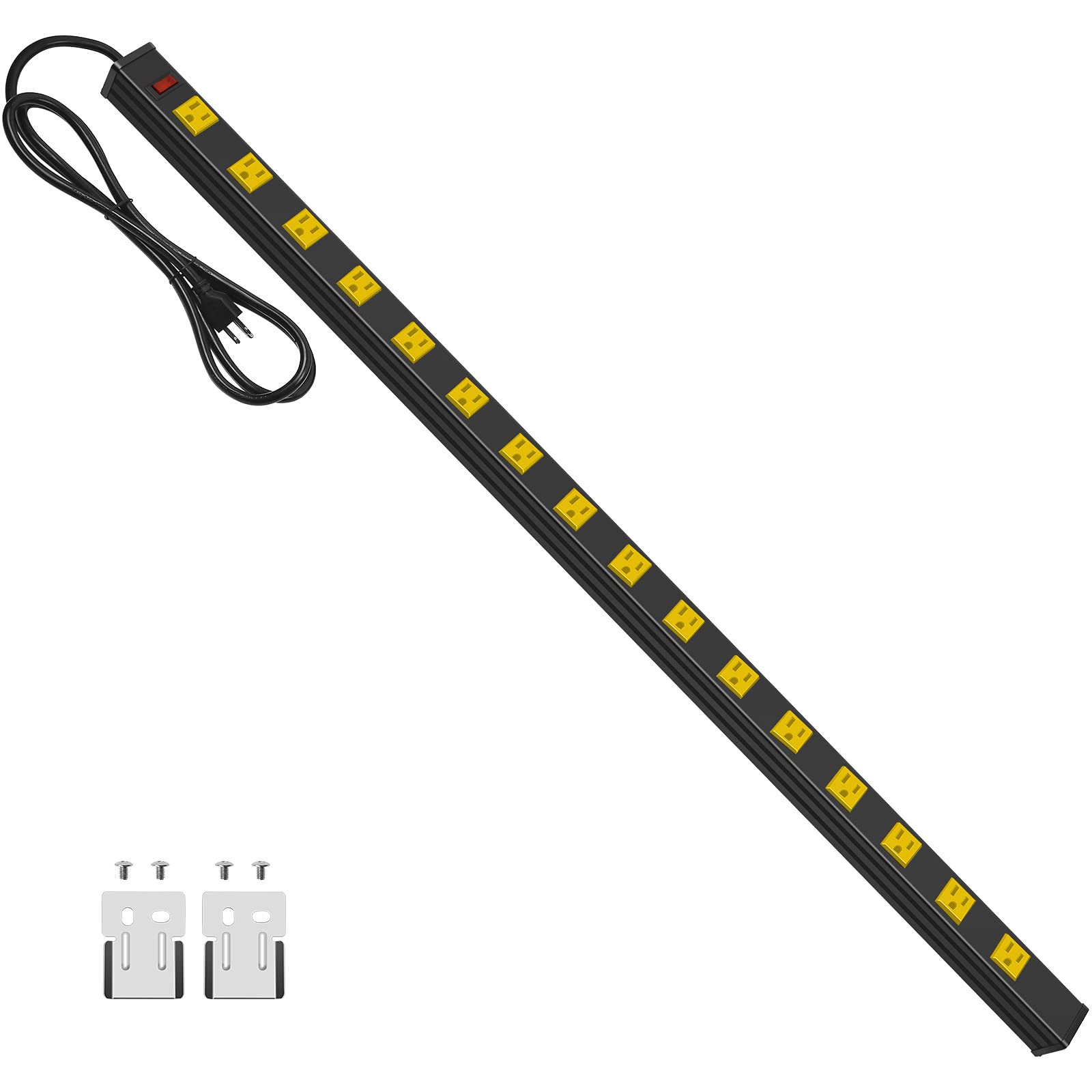 JUNNUJ Long Metal 16 Outlet Power Strip, Wide Spaced Garage Industrial Power Strip, Heavy Duty Power Strip with 6 FT Cord 15A, 125V, 1875W. Yellow