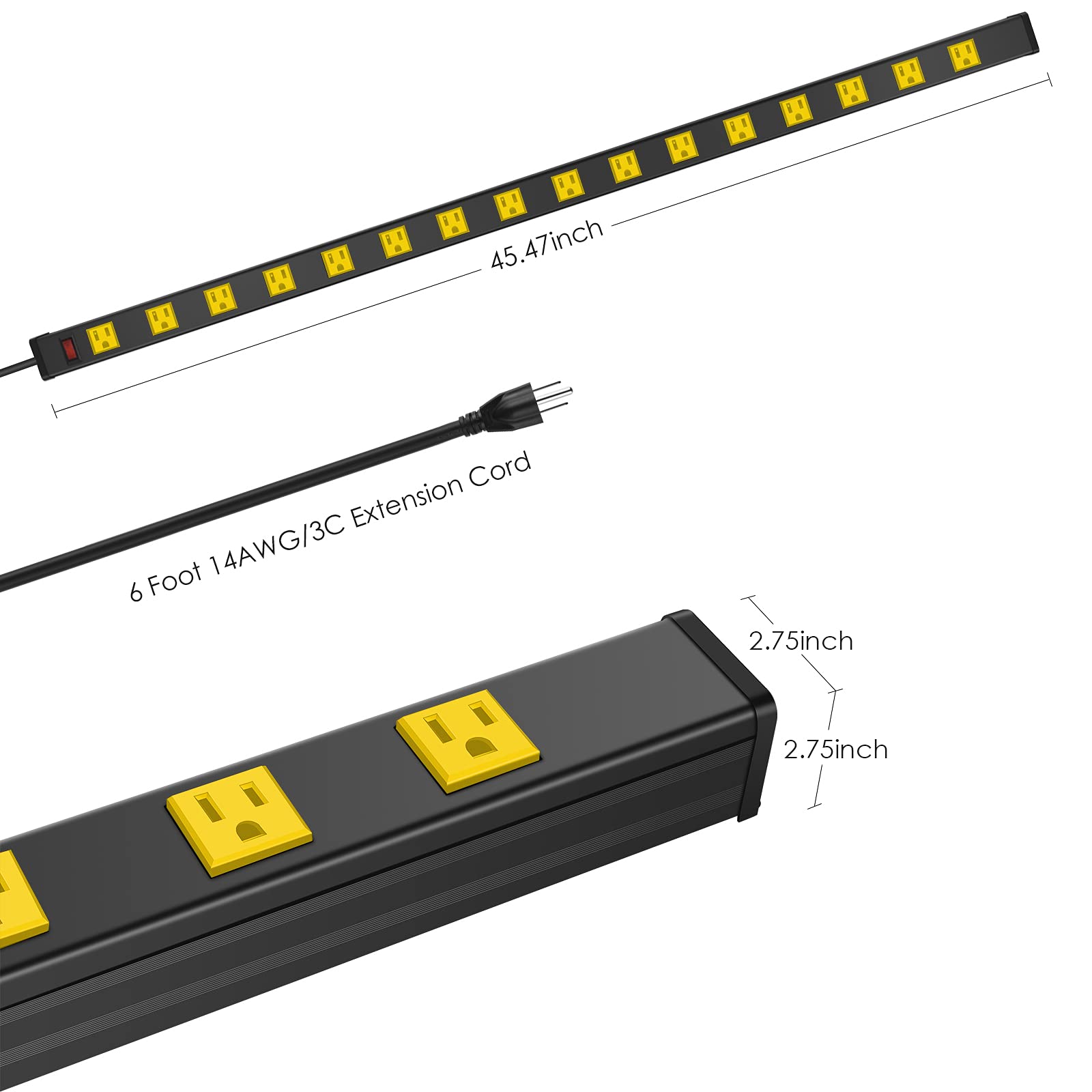 JUNNUJ Long Metal 16 Outlet Power Strip, Wide Spaced Garage Industrial Power Strip, Heavy Duty Power Strip with 6 FT Cord 15A, 125V, 1875W. Yellow