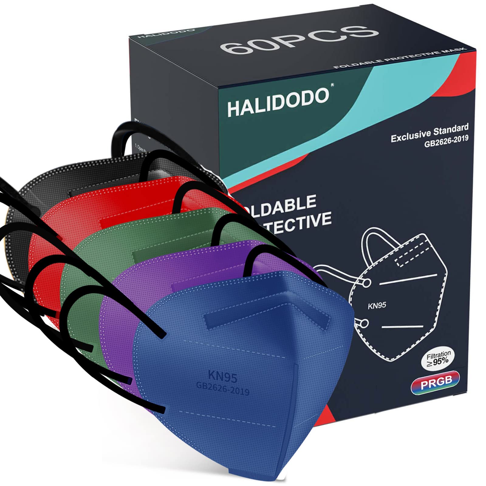 HALIDODO 60 Packs KN95 Face Mask, Individually Wrapped 5-Plyers Protection Cup Dust Face Mask, Breathable Protection Mask for Women Man, Multicolor