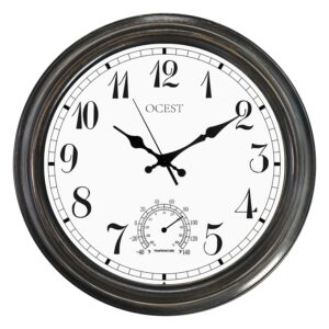 ocest 16 inch large analog outdoor wall clock, waterproof, weather-resistant, non-ticking, battery-operated, with temperature display, for patio, pool, lanai, fence, porch, garden, bathroom