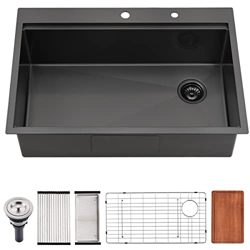 30 Inch Black Drop in Kitchen Sink Workstation, Jshozzy 30x22 Drop-in Top Mount Kitchen Sink Stainless Steel Black Kitchen Sink Single Bowl Deep Kitchen Sink with Offset Drain