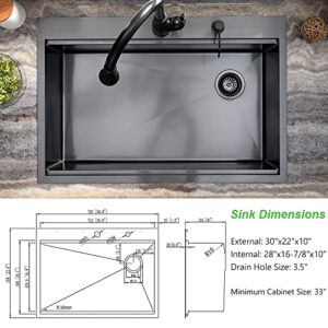 30 Inch Black Drop in Kitchen Sink Workstation, Jshozzy 30x22 Drop-in Top Mount Kitchen Sink Stainless Steel Black Kitchen Sink Single Bowl Deep Kitchen Sink with Offset Drain