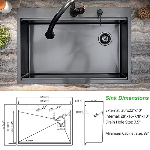 30 Inch Black Drop in Kitchen Sink Workstation, Jshozzy 30x22 Drop-in Top Mount Kitchen Sink Stainless Steel Black Kitchen Sink Single Bowl Deep Kitchen Sink with Offset Drain